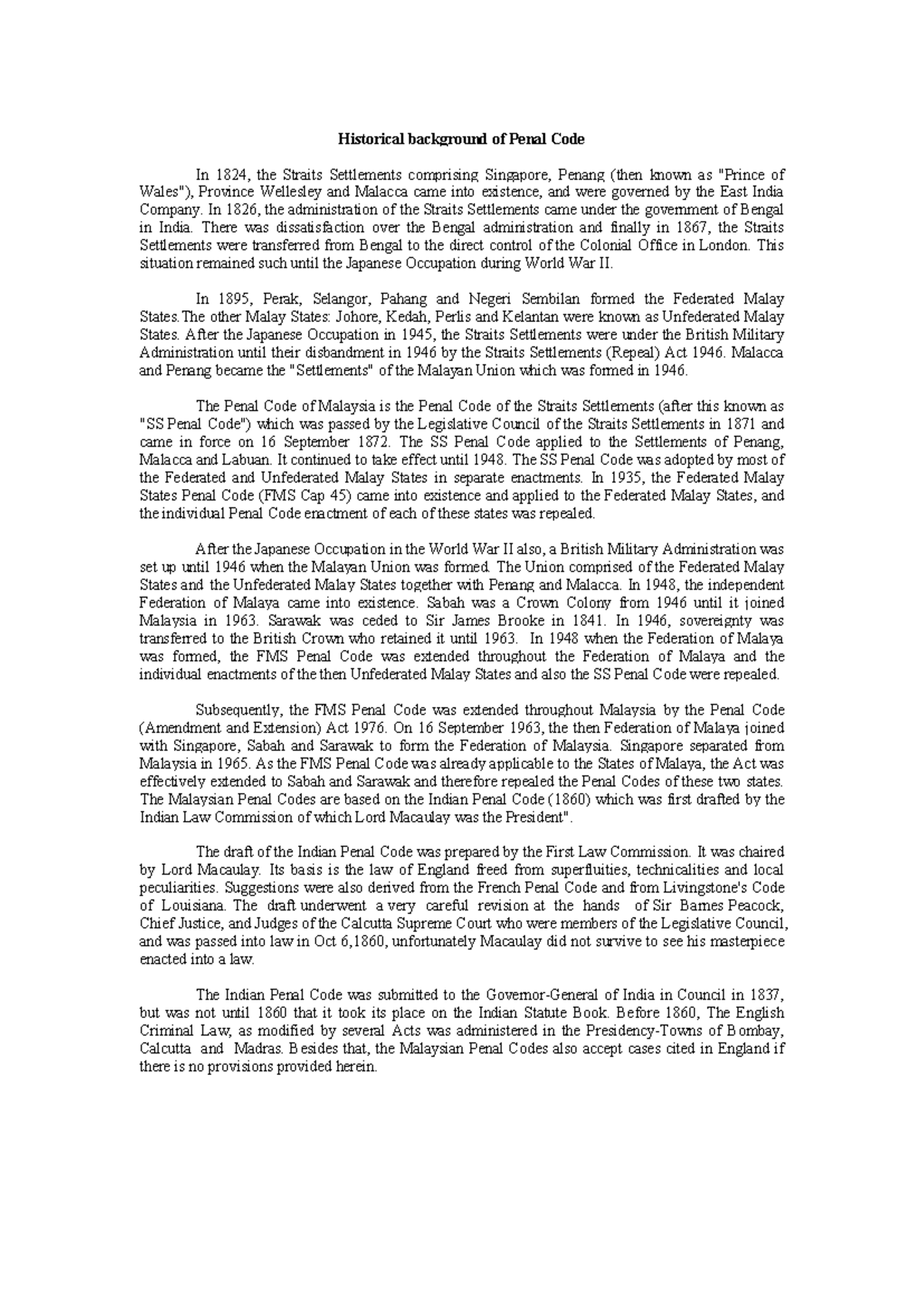 Historical background of Penal Code - In 1826, the administration of ...