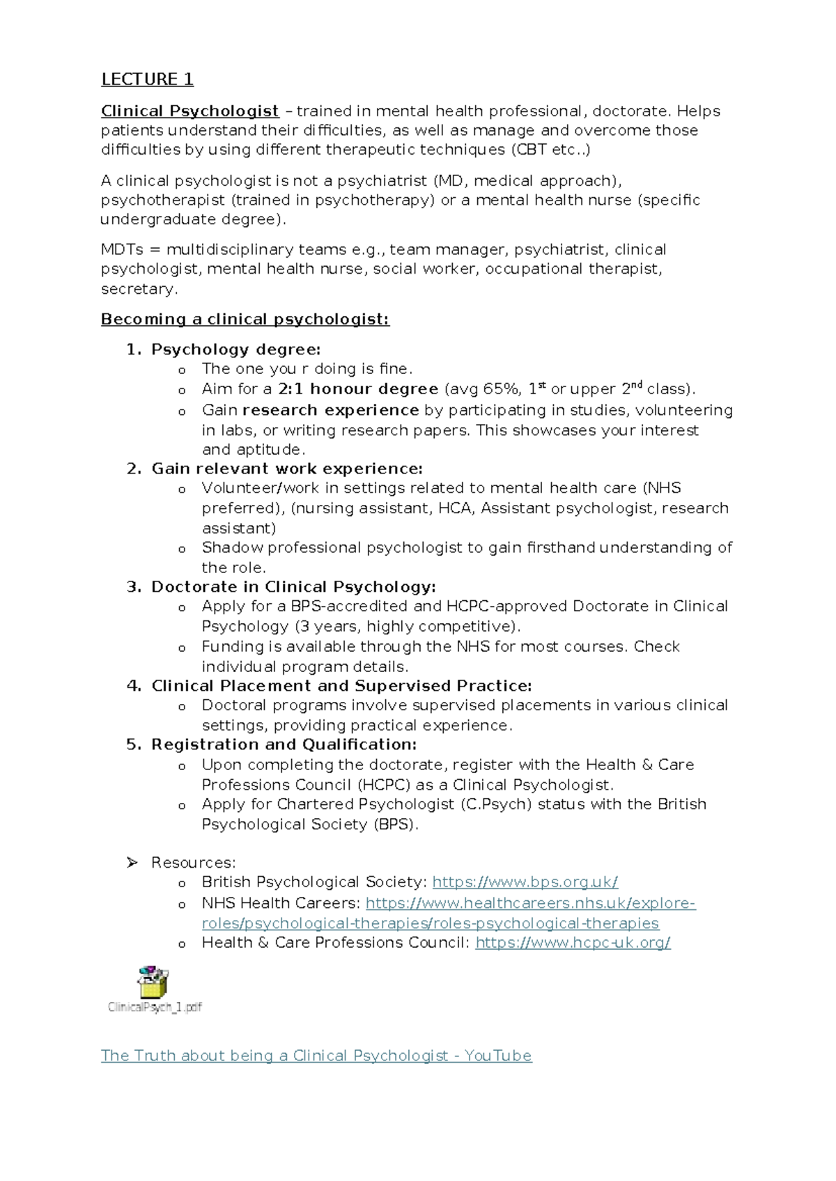 PS118 Applied Psychology - Clinical Psychology - Summary Lectures ...