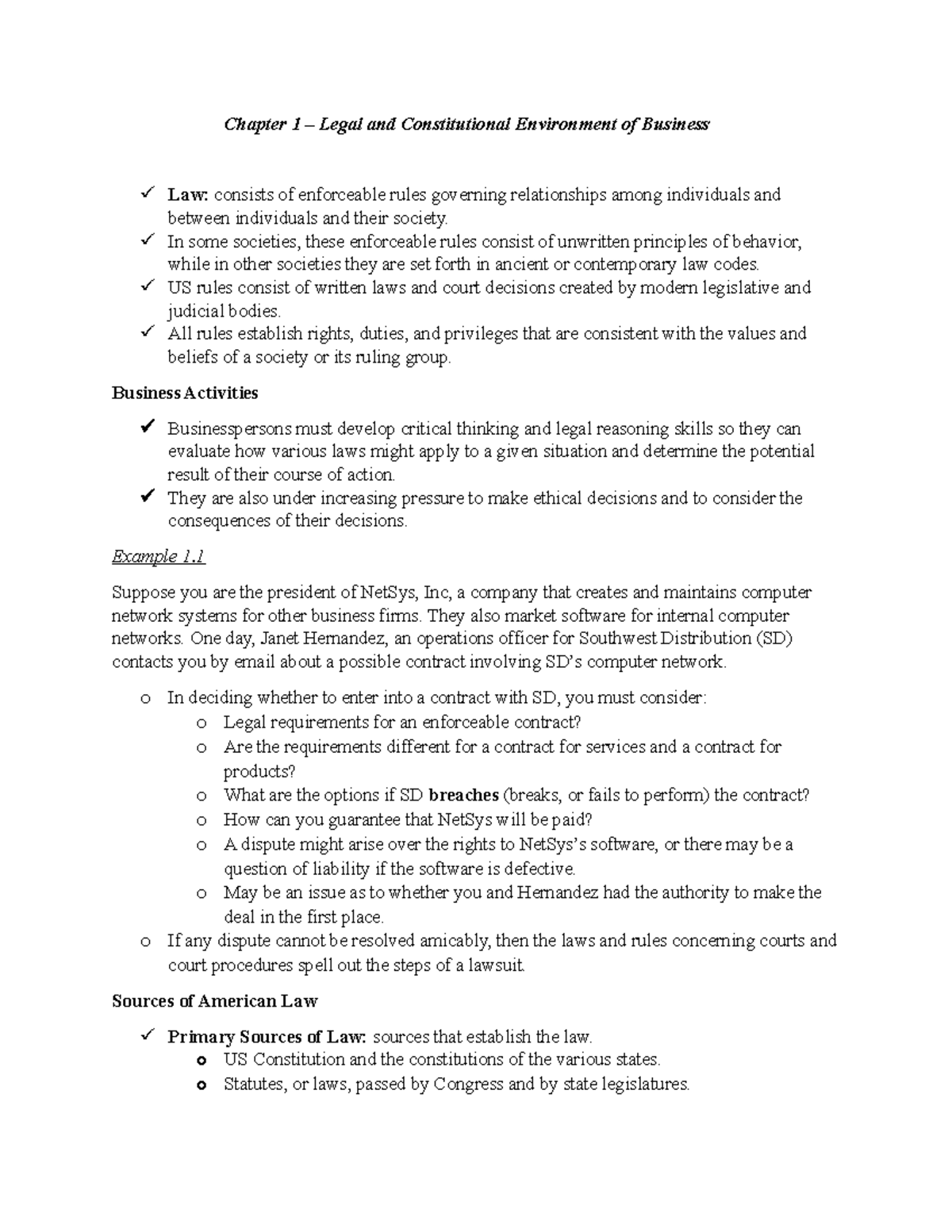 Notes - Legal and Consitutional Environment of Business - Chapter 1 ...