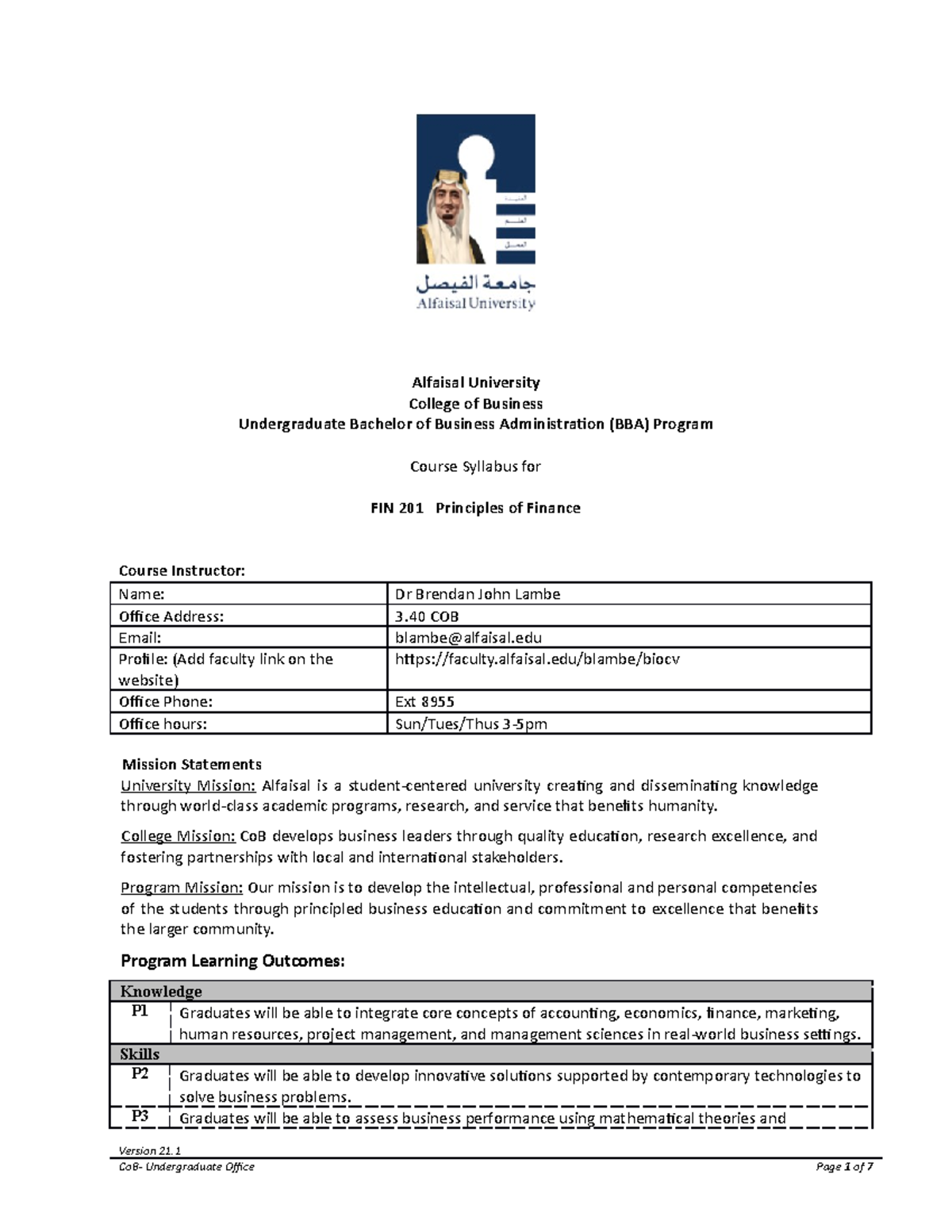 CL1-Syllabus-BBA-Template v21 - Alfaisal University College of Business ...