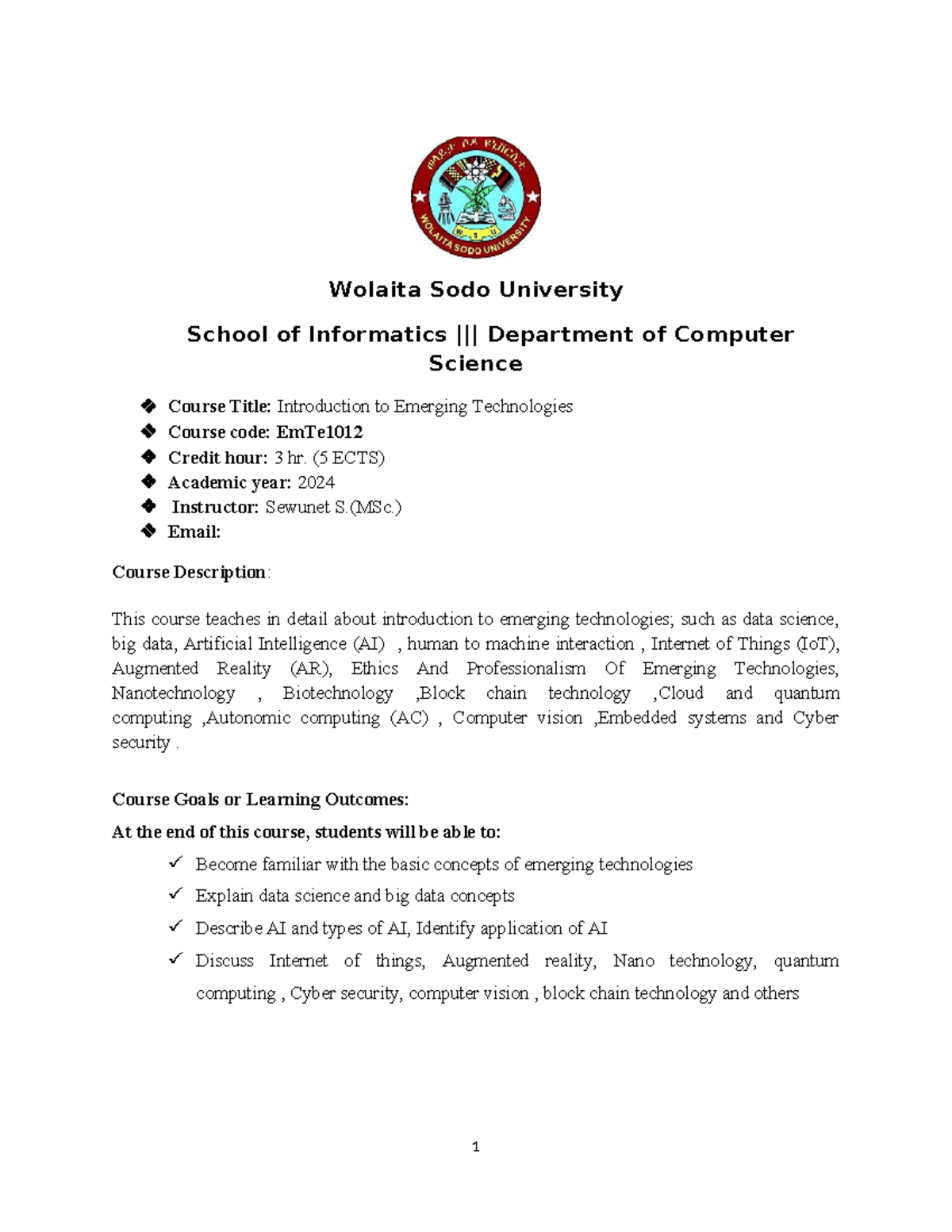 Emerging technology course outline - Wolaita Sodo University School of ...