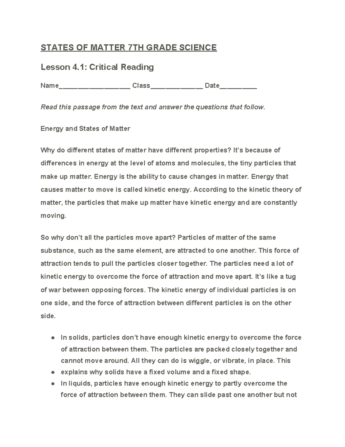 7th Grade Science Calamity 2 - STATES OF MATTER 7TH GRADE SCIENCE ...