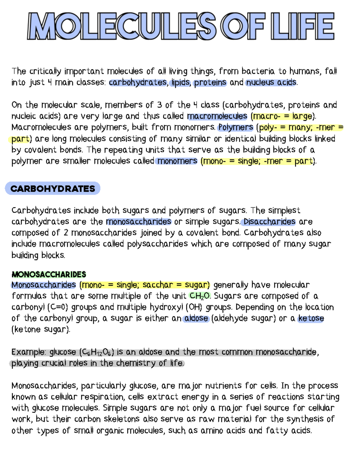 Bio notes - Carbohydrates Carbohydrates include both sugars and ...