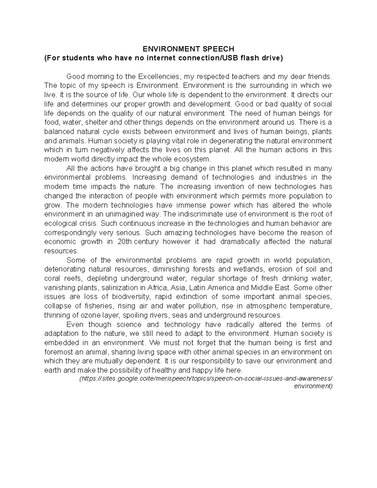 Environment Speech - ENVIRONMENT SPEECH (For students who have no ...