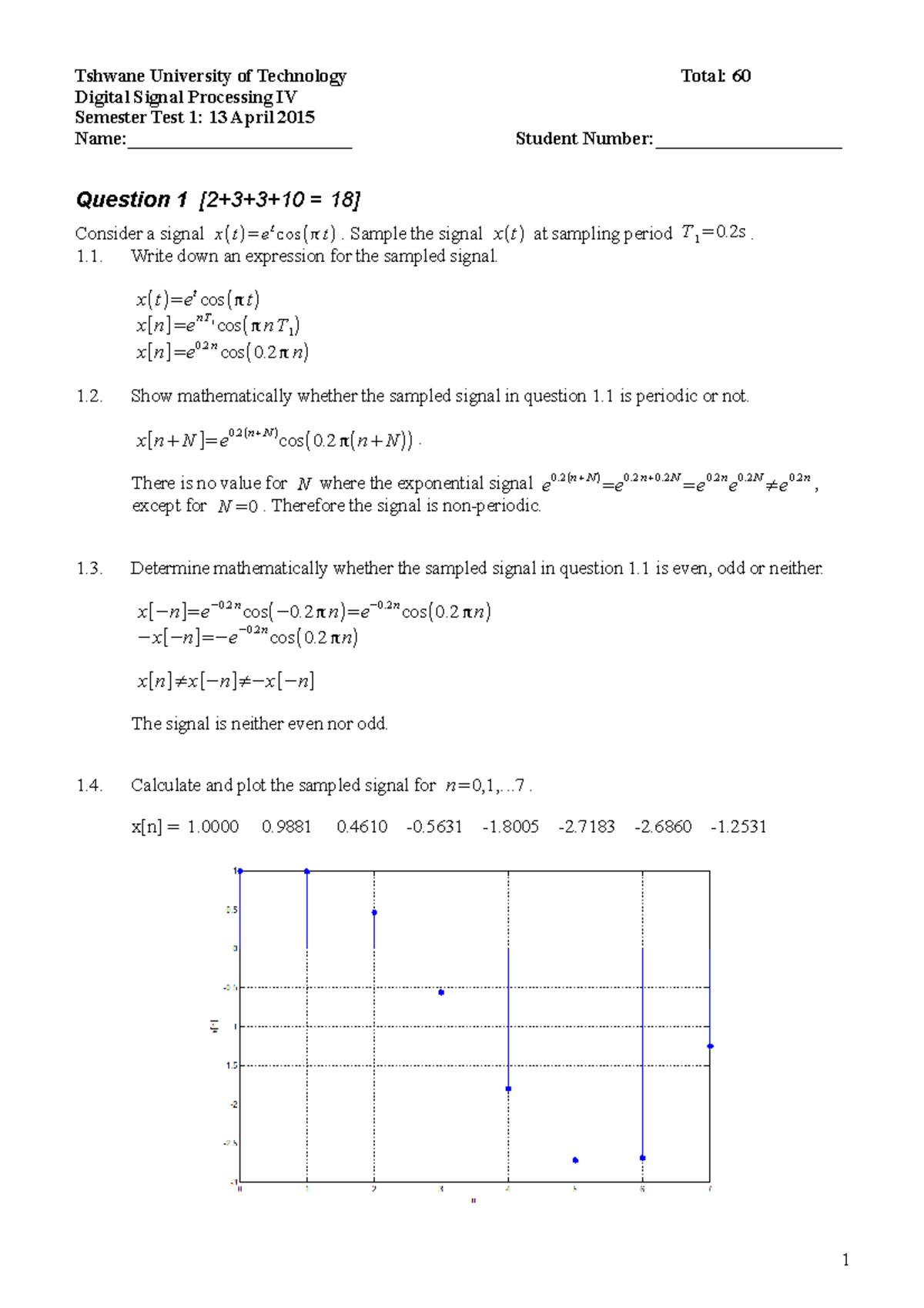 DSP4 Test 1 2015 - Sem1 MEMO - Tshwane University of Technology Total ...