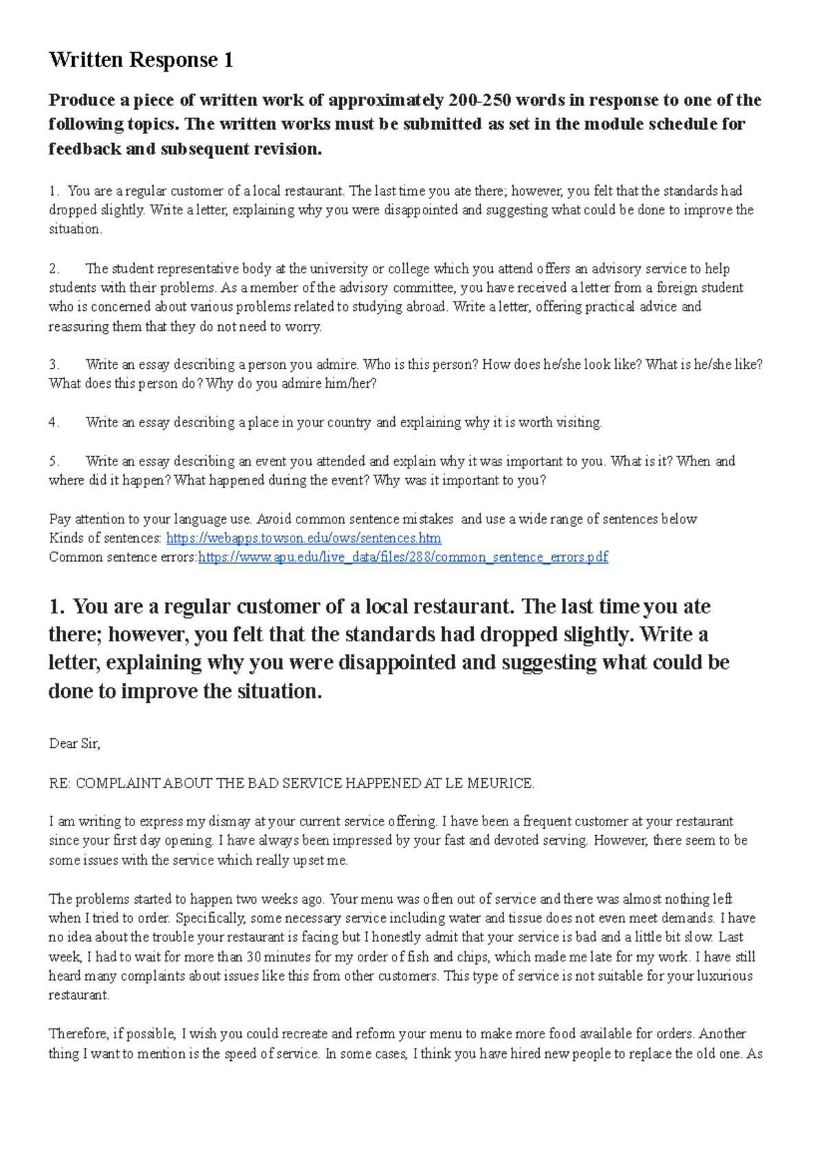 Written Response 1+2-2 - Written Response 1 Produce a piece of written ...