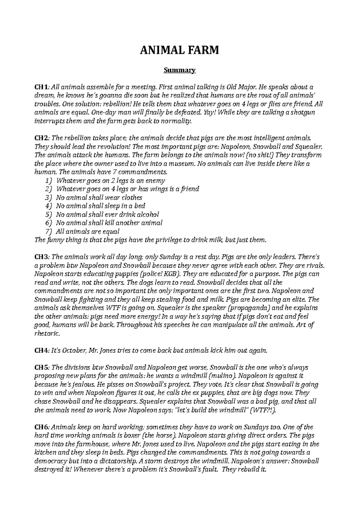 Animal Farm - ANIMAL FARM Summary CH1 : All animals assemble for a ...