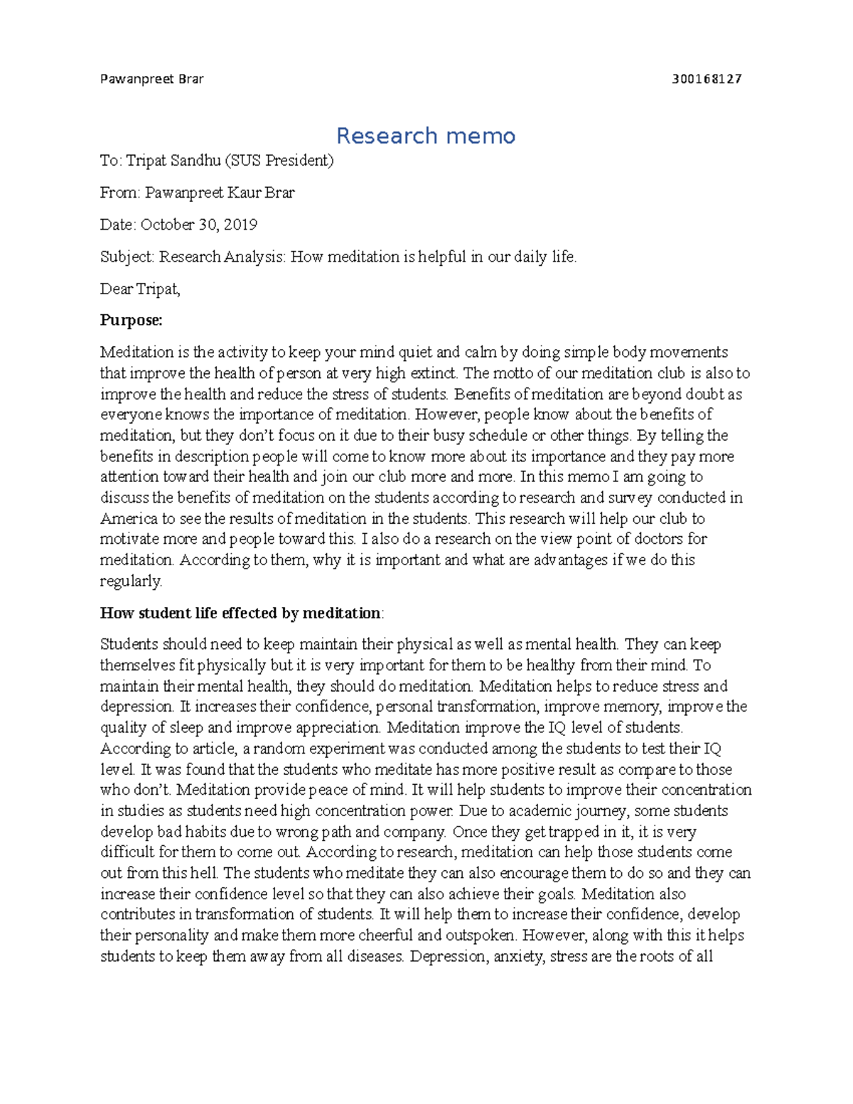 Research memo - Pawanpreet Brar 300168127 Research memo To: Tripat ...