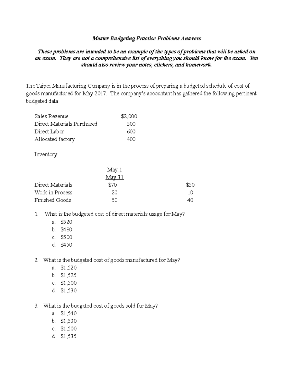Master Budgeting Practice Problems-1 - They are not a comprehensive ...