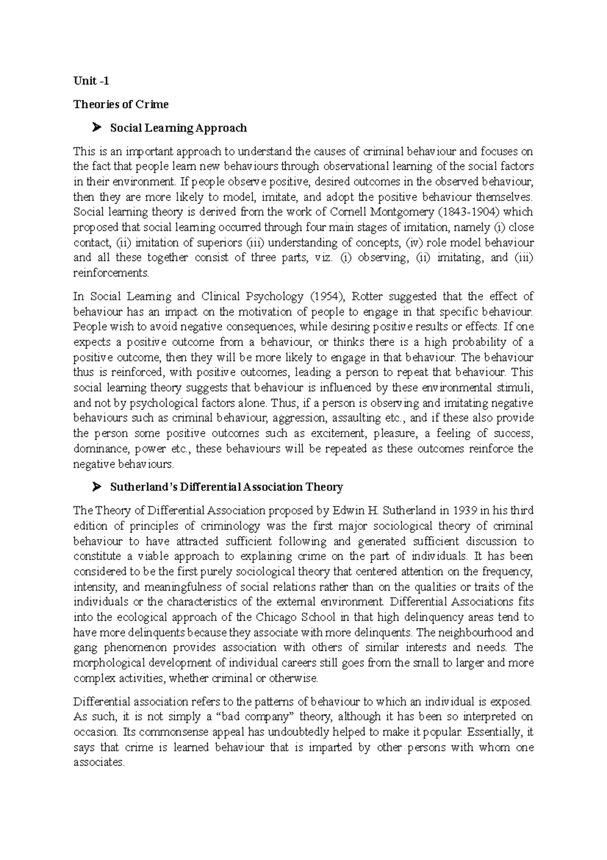 Criminology Notes Unit 1 - Unit - Theories of Crime Social Learning ...