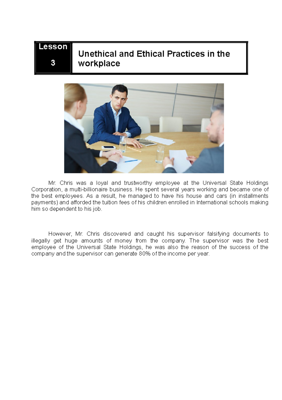 Module 1 Lesson 3: business ethics - Lesson 3 Mr. Chris was a loyal and ...