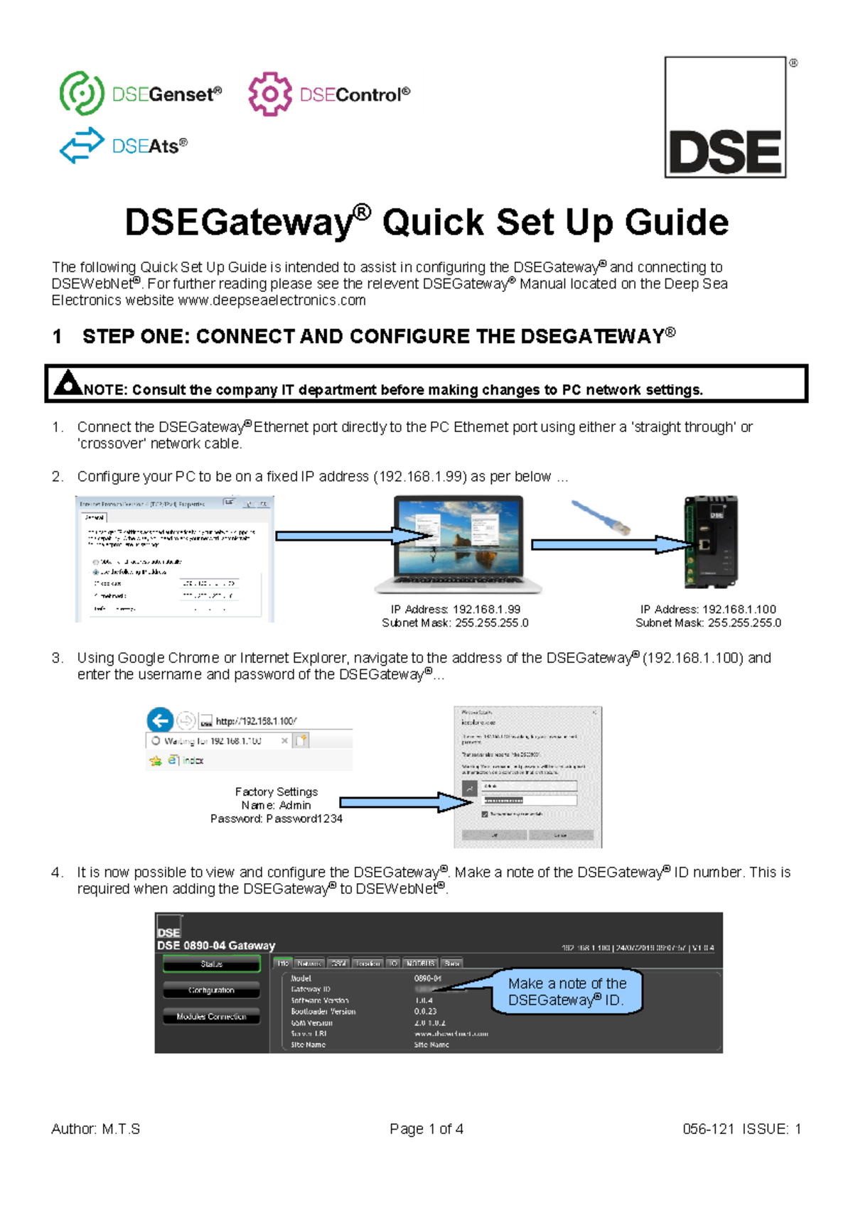 056-121 DSEGateway® Quick Set up Guide - Author: M.T Page 1 of 4 056 ...