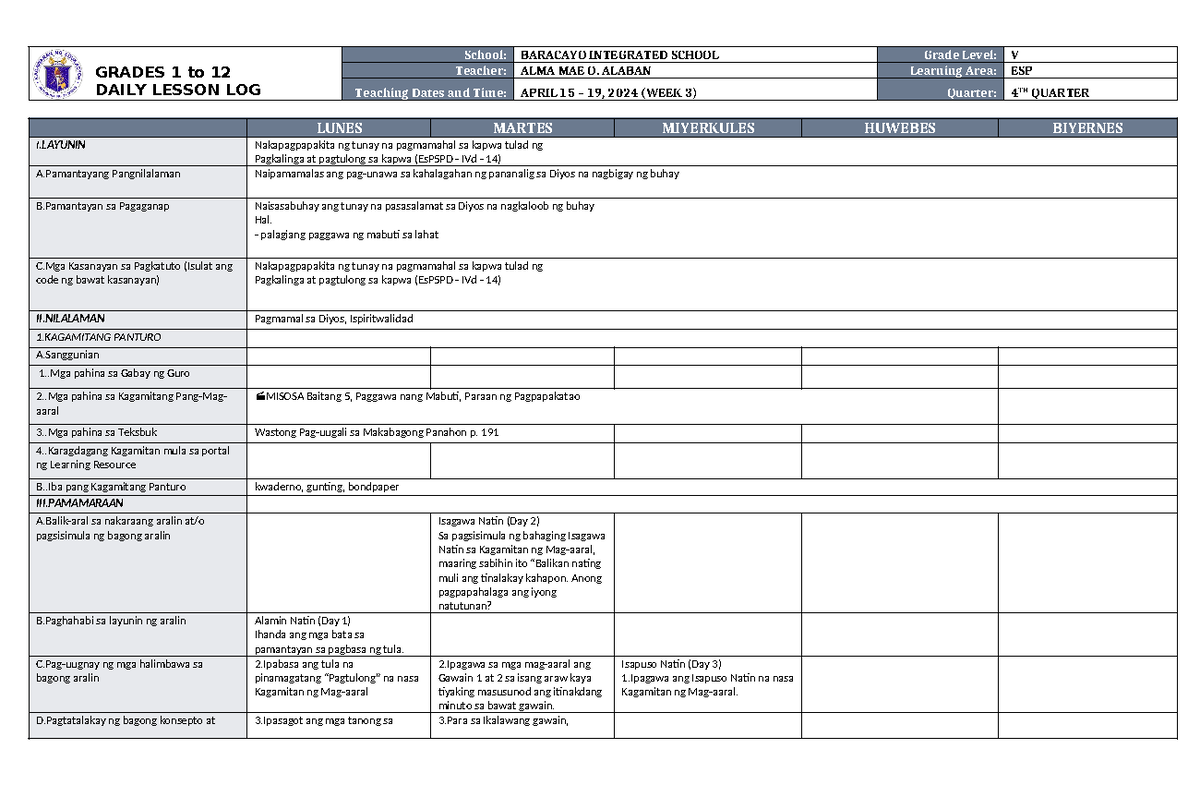 DLL ESP 5 Q4 W3 - Daily Lesson Plan Educasion sa Pagpakatao - GRADES 1 to 12 DAILY LESSON LOG ...