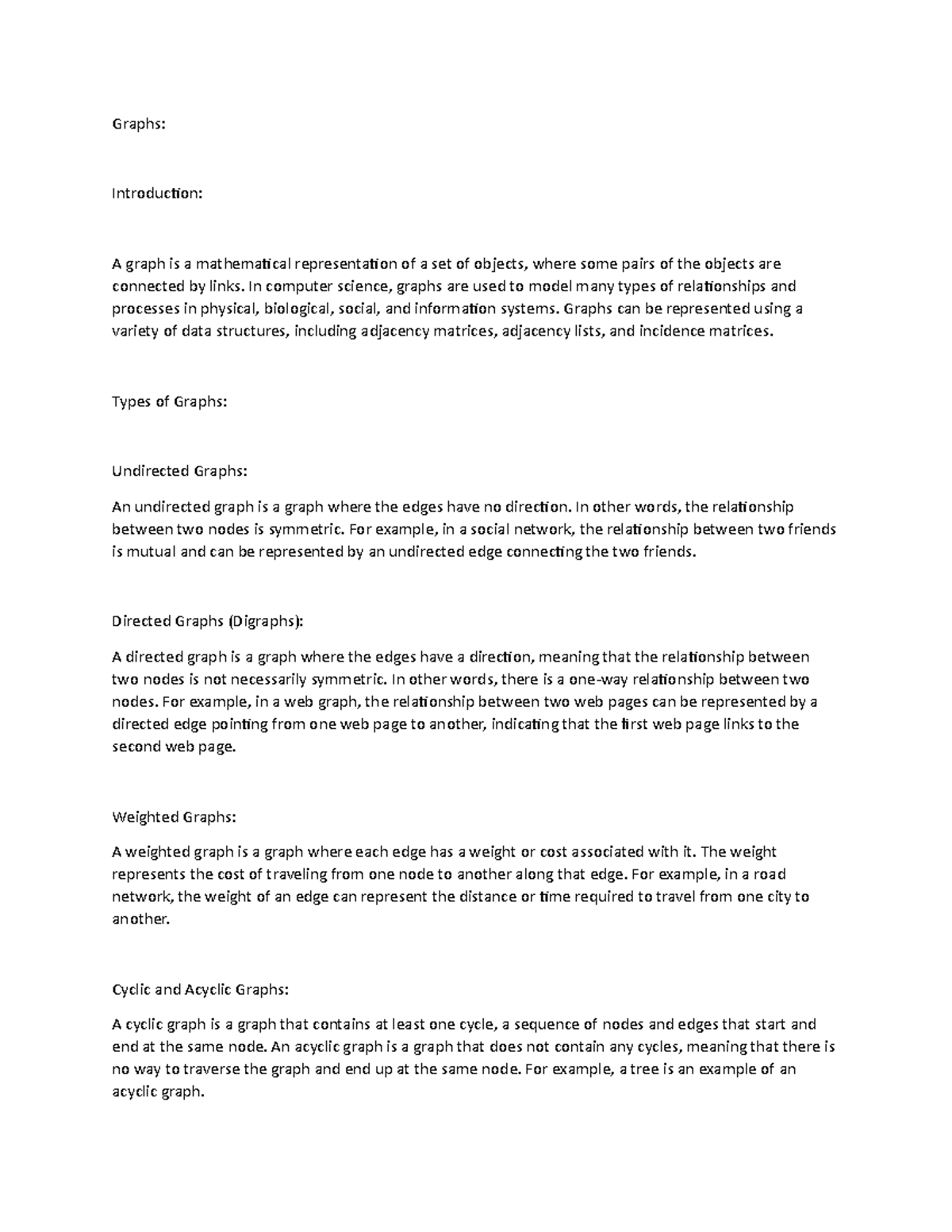 Graphs - Graphs: Introduction: A graph is a mathematical representation of a set of objects ...
