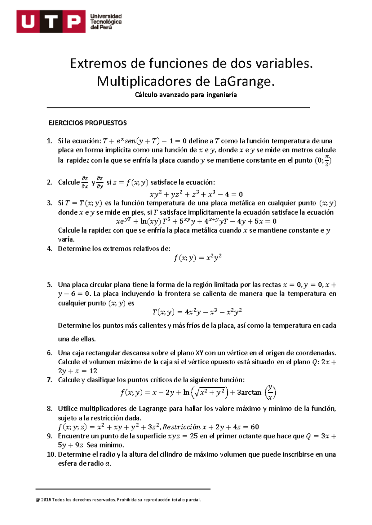 S06.s1 Ejercicios Extremos de funciones de dos variables - @ 2016 Todos los derechos reservados ...