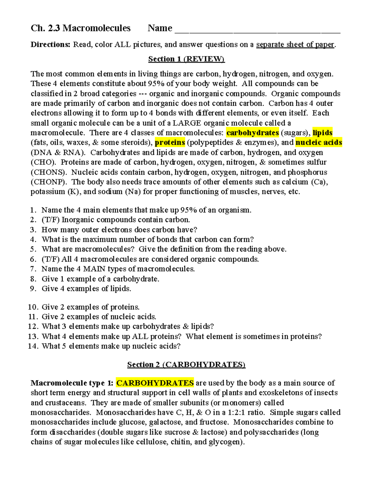 Macromolecules Worksheet - Ch. 2 Macromolecules Name ...