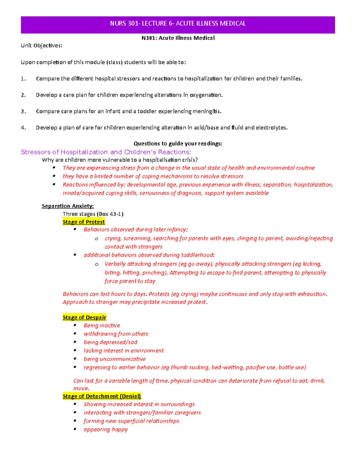 Lecture 6- Acute Illness Medical - N301: Acute Illness Medical Unit ...