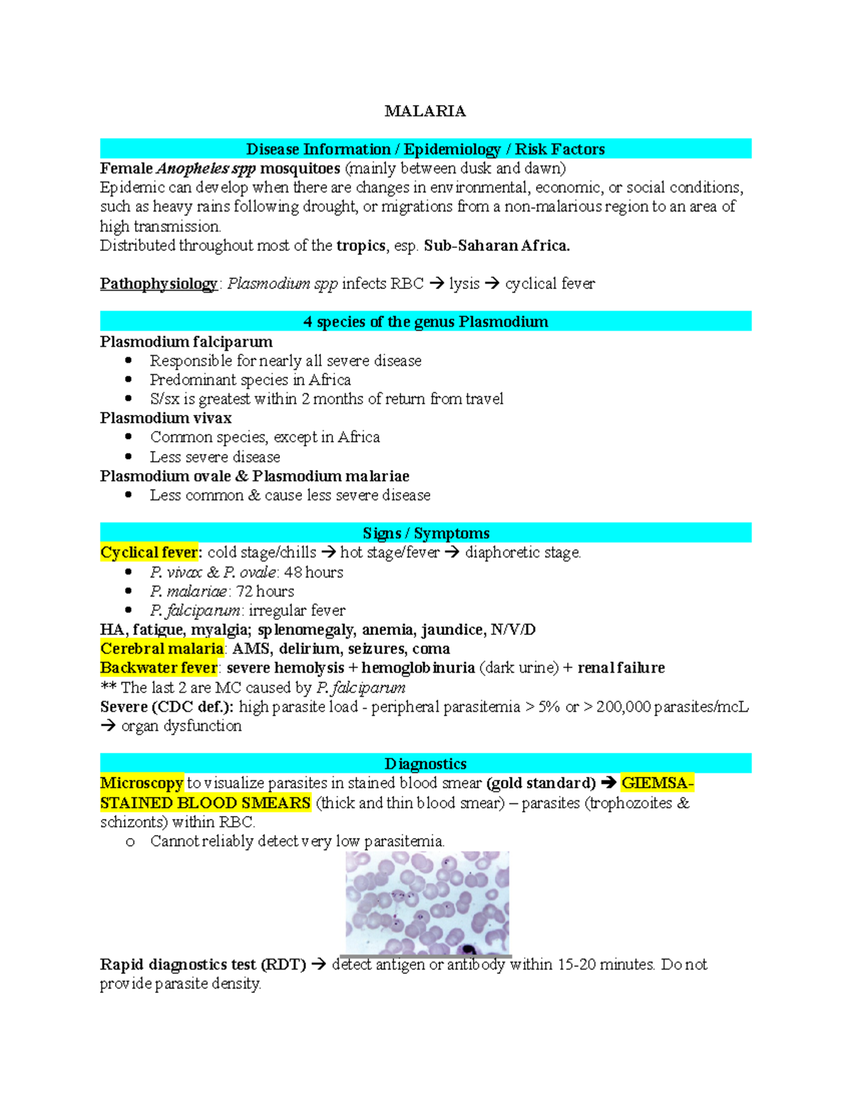 Medical Summary Malaria - MALARIA Disease Information / Epidemiology ...