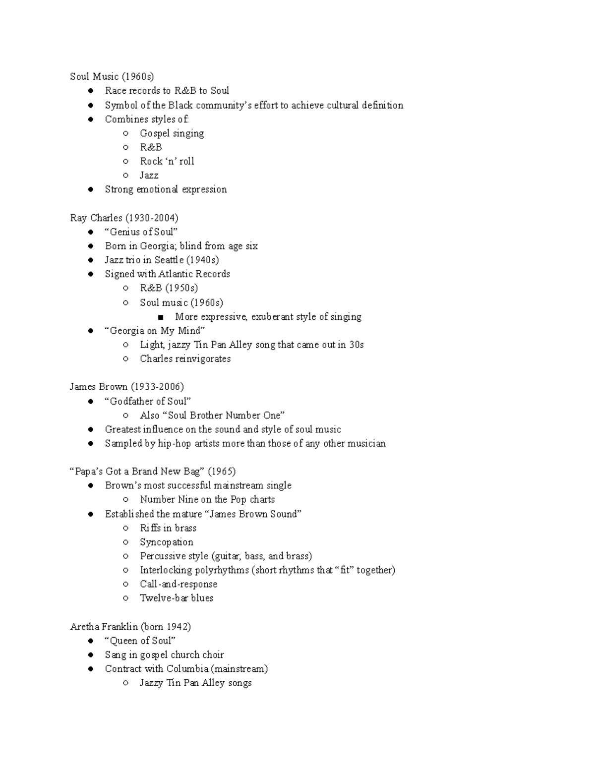 Class Lecture Notes - Soul Music (1960s) Race records to R&B to Soul ...
