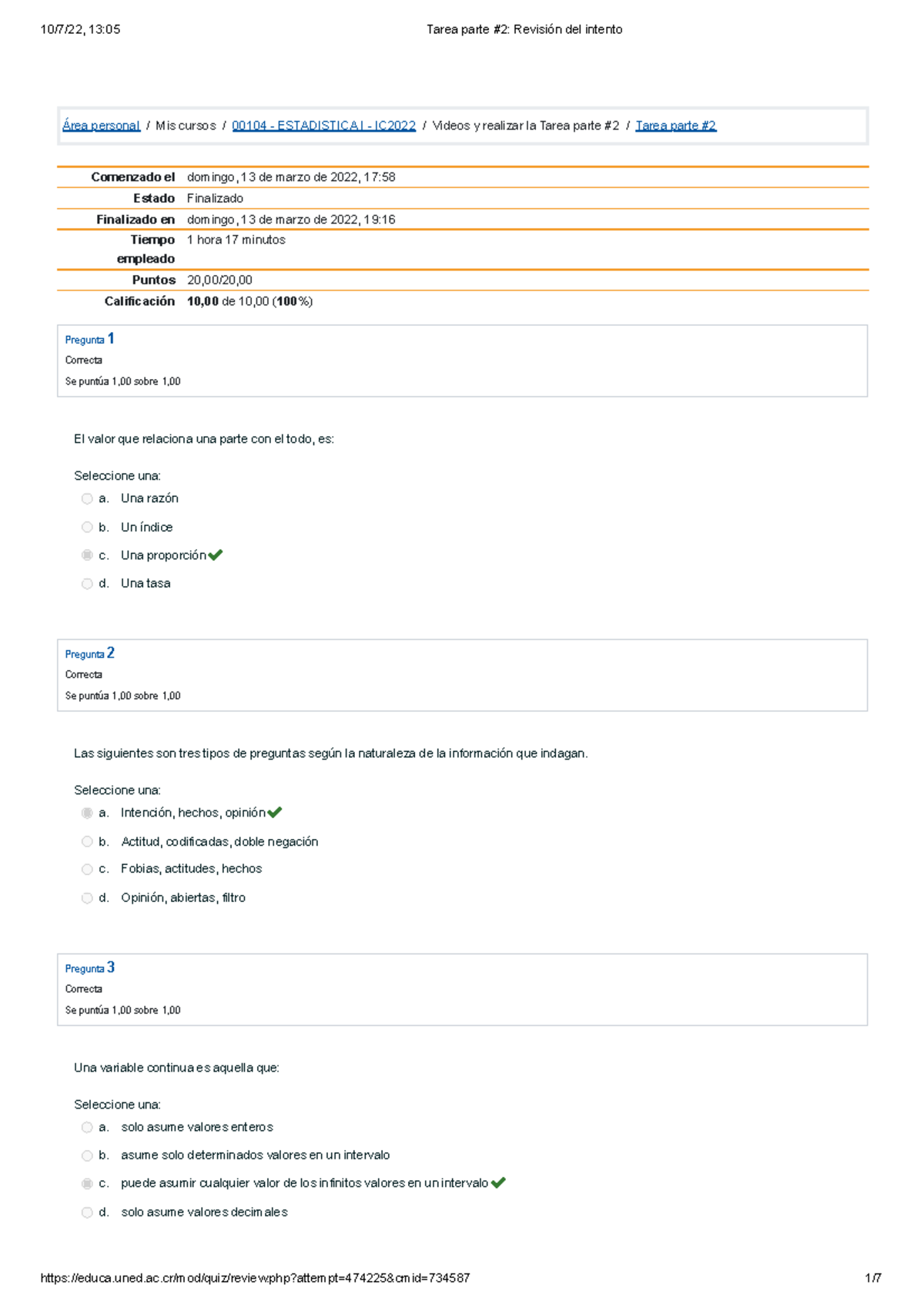 Tarea parte #2 Revisión del intento - Área personal / Mis cursos / 00104 - ESTADISTICA I ...