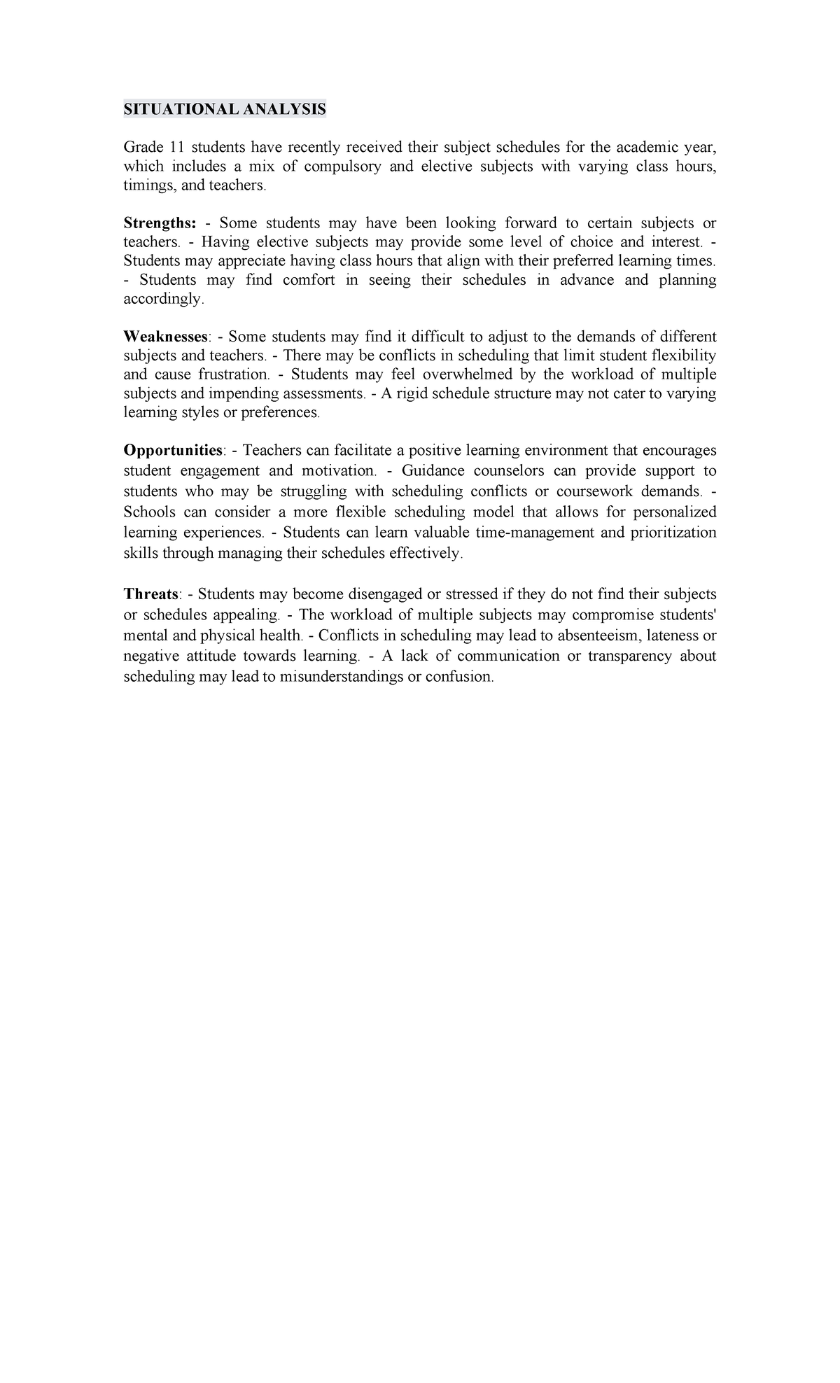 Sample - Situational Analysis - SITUATIONAL ANALYSIS Grade 11 students ...
