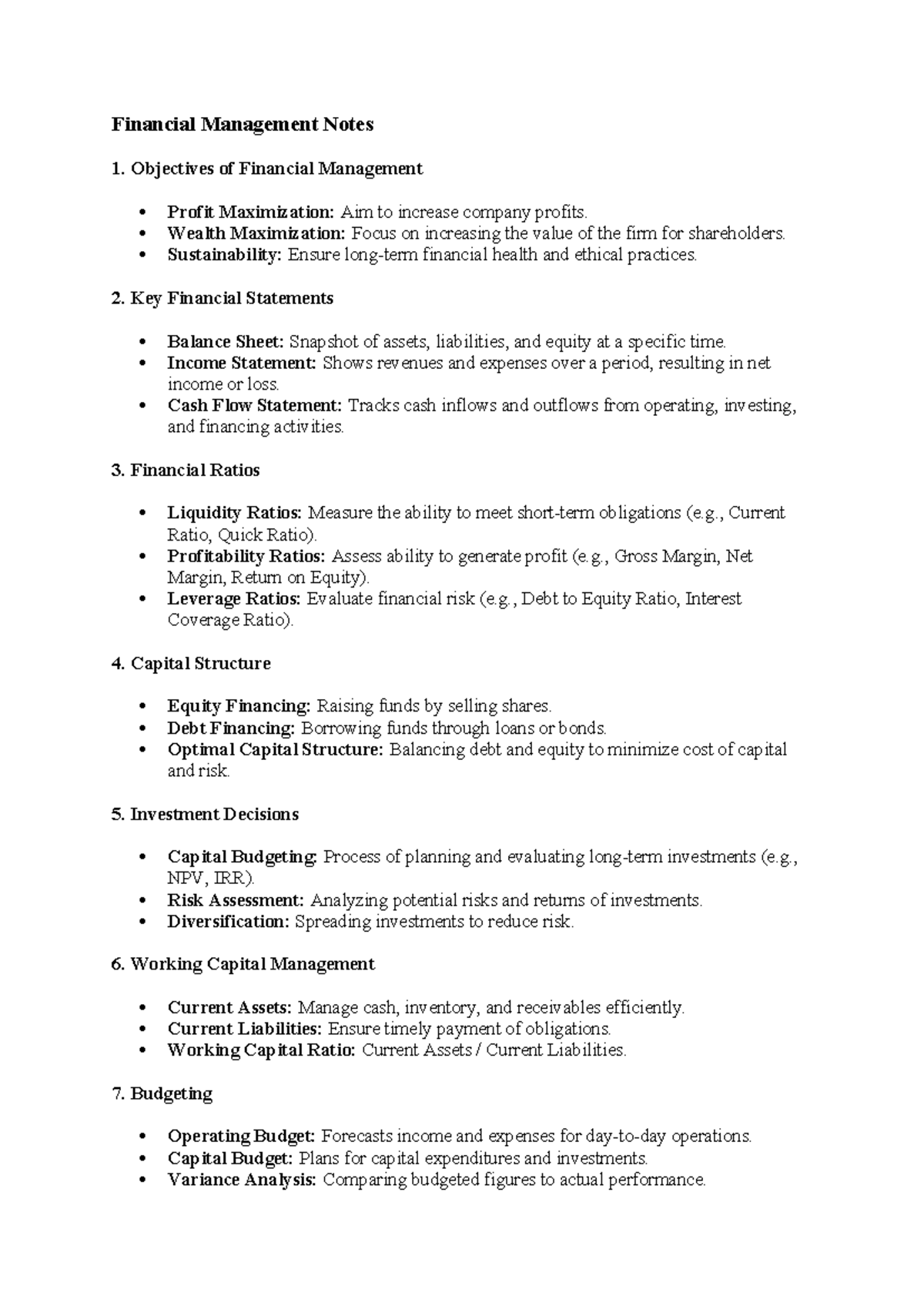 Financial management notes - Financial Management Notes 1. Objectives ...