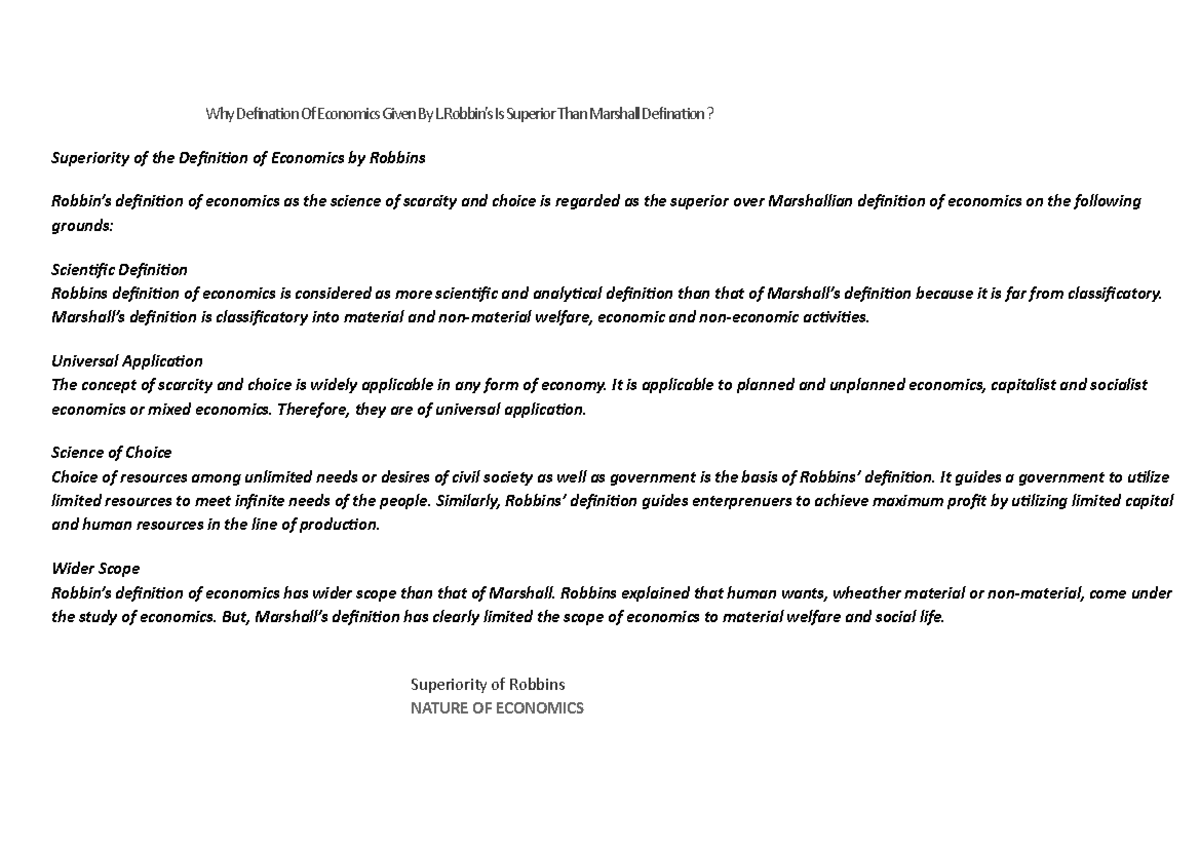 Why Defination Of Economics Given By L - Marshall’s definition is ...