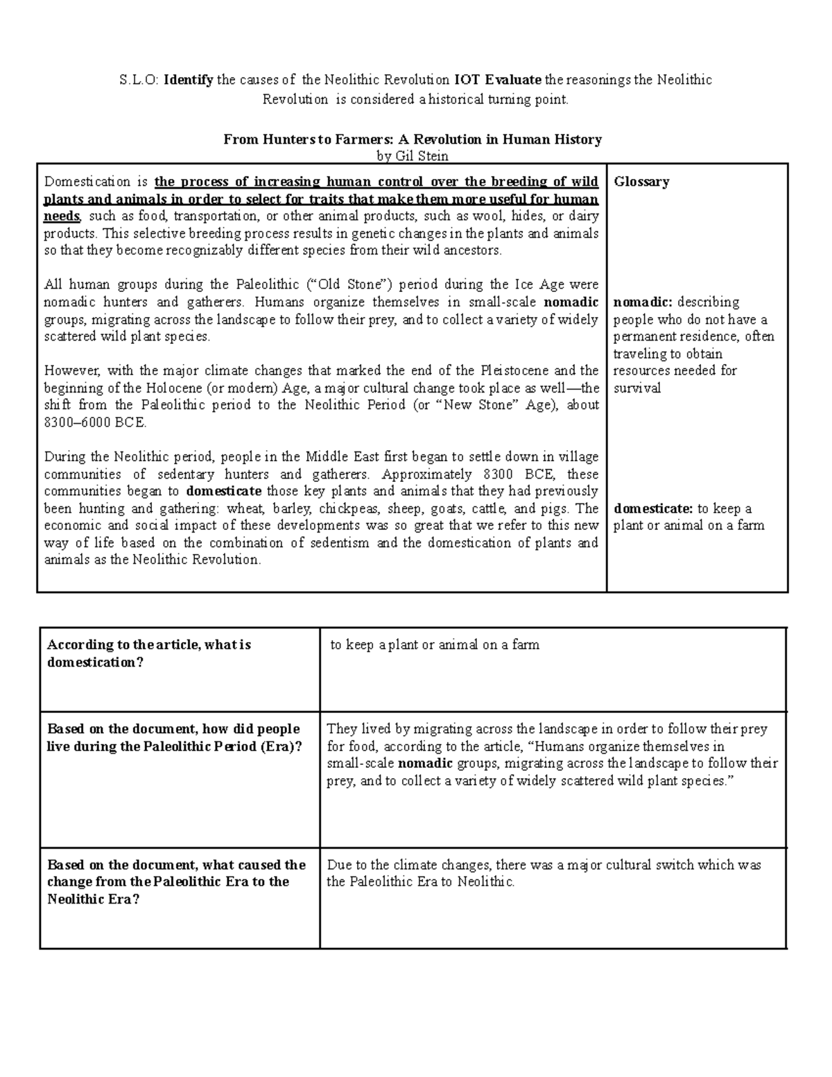 Causes of the Neolithic Revolution - S.L: Identify the causes of the ...