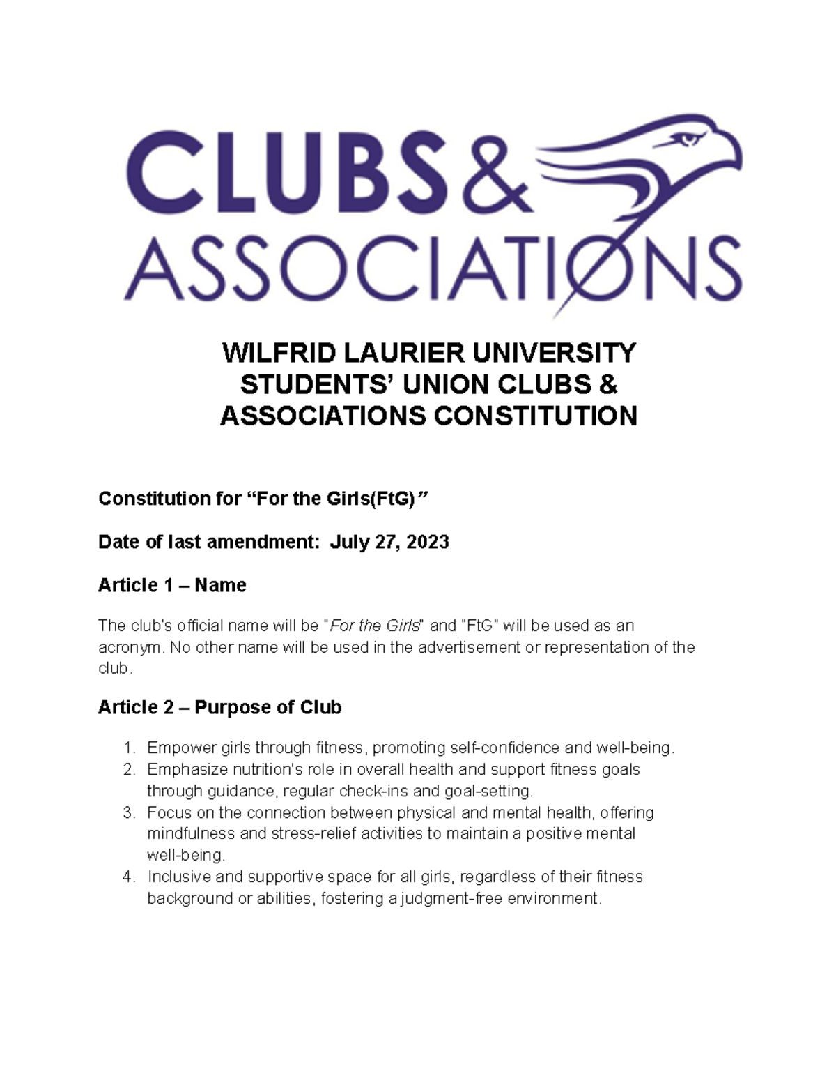 Club Constitution 2023 - WILFRID LAURIER UNIVERSITY STUDENTS’ UNION ...