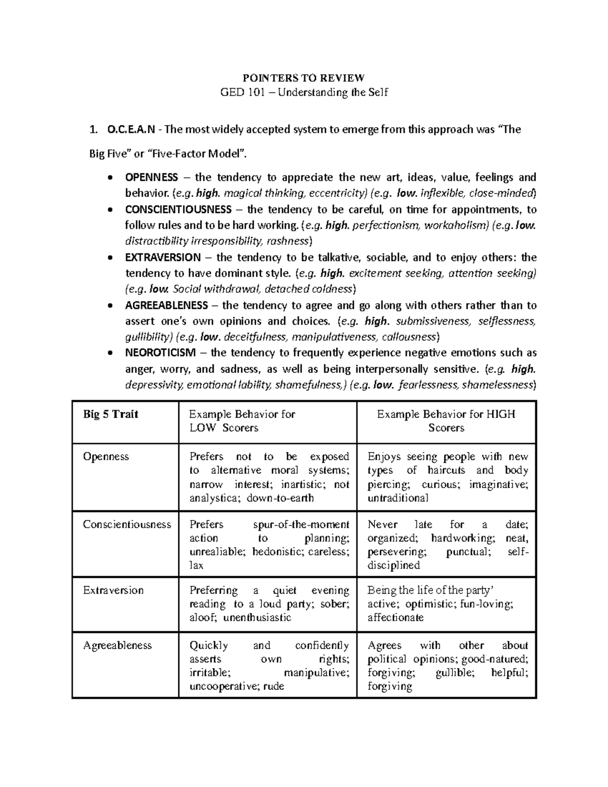 Uts- Pointers TO Review - POINTERS TO REVIEW GED 101 – Understanding the Self O.C.E.A - The most ...