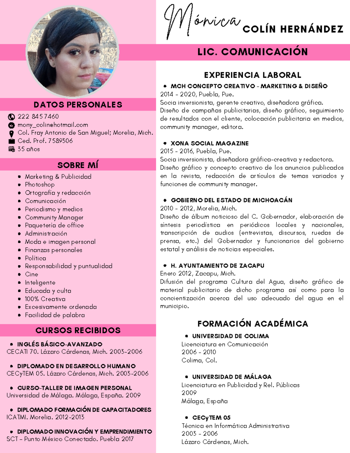 CV Mónica Colín 1 - Ejemplo de CV - Marketing & Publicidad Photoshop ...