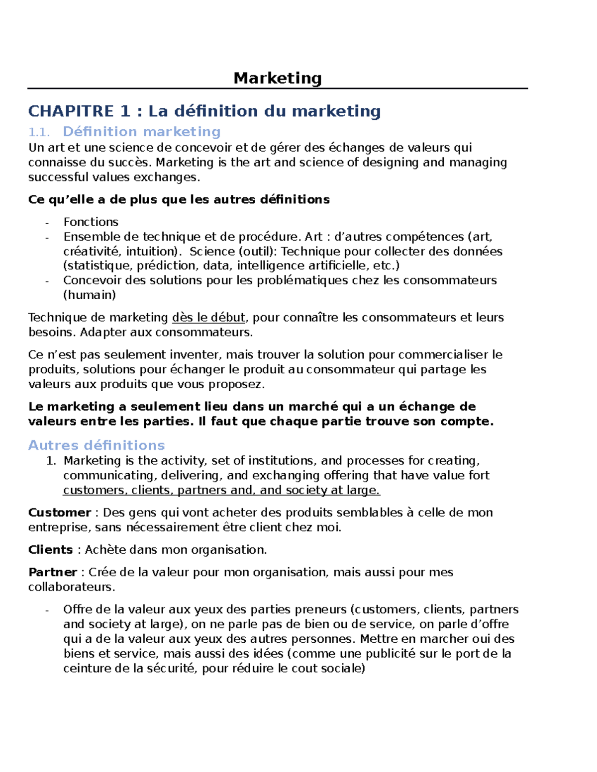 Introduction au marketing - Marketing CHAPITRE 1 : La définition du marketing 1. Définition ...