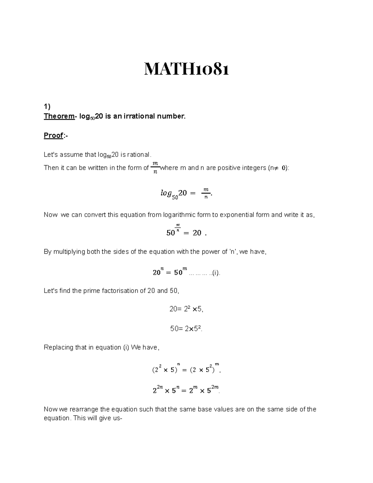 MATH1081 Assignment Final Submission - MATH 1) Theorem- log 50 20 is an irrational number. Proof ...