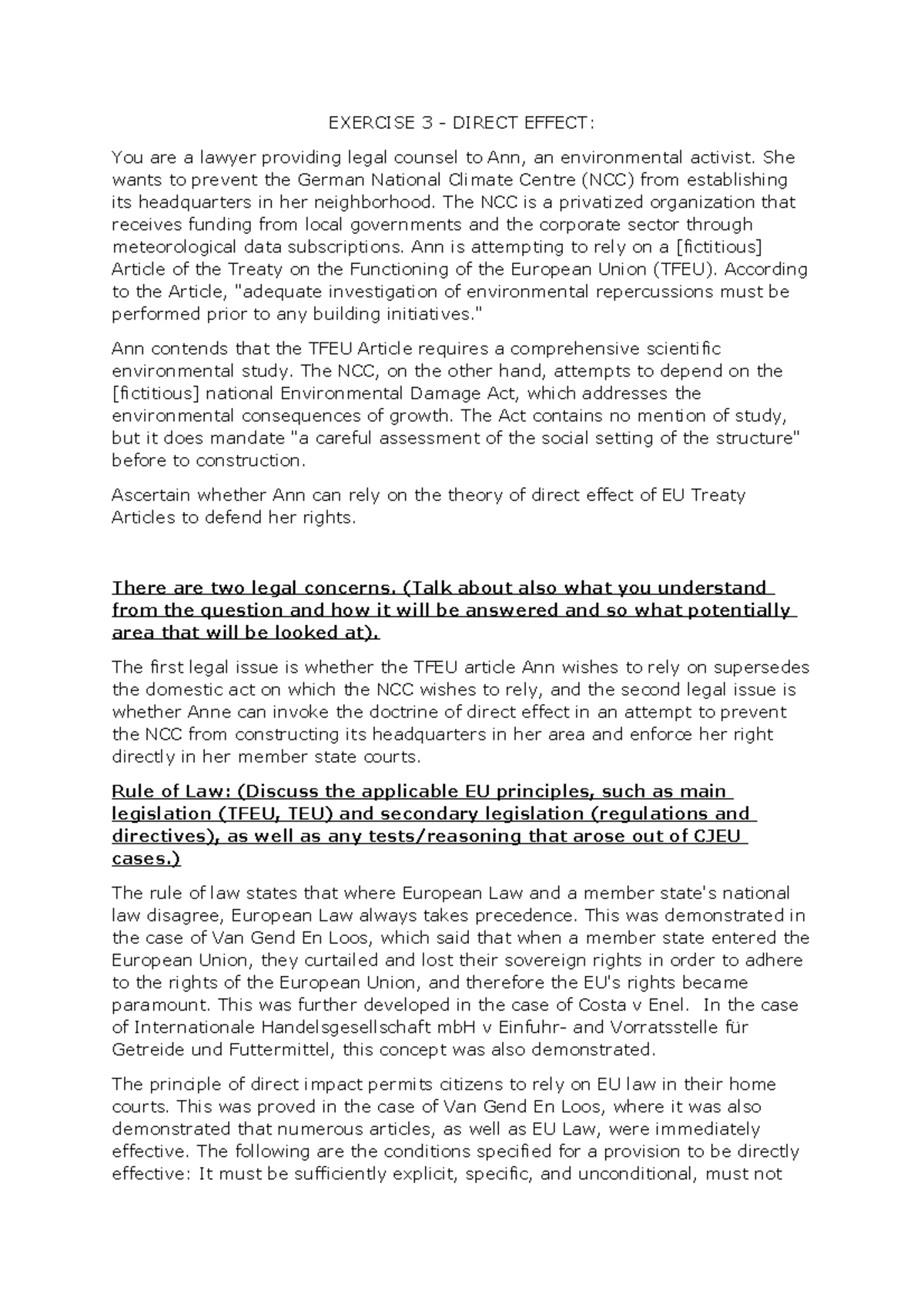 Law of the European Union Practice questions - EXERCISE 3 - DIRECT ...