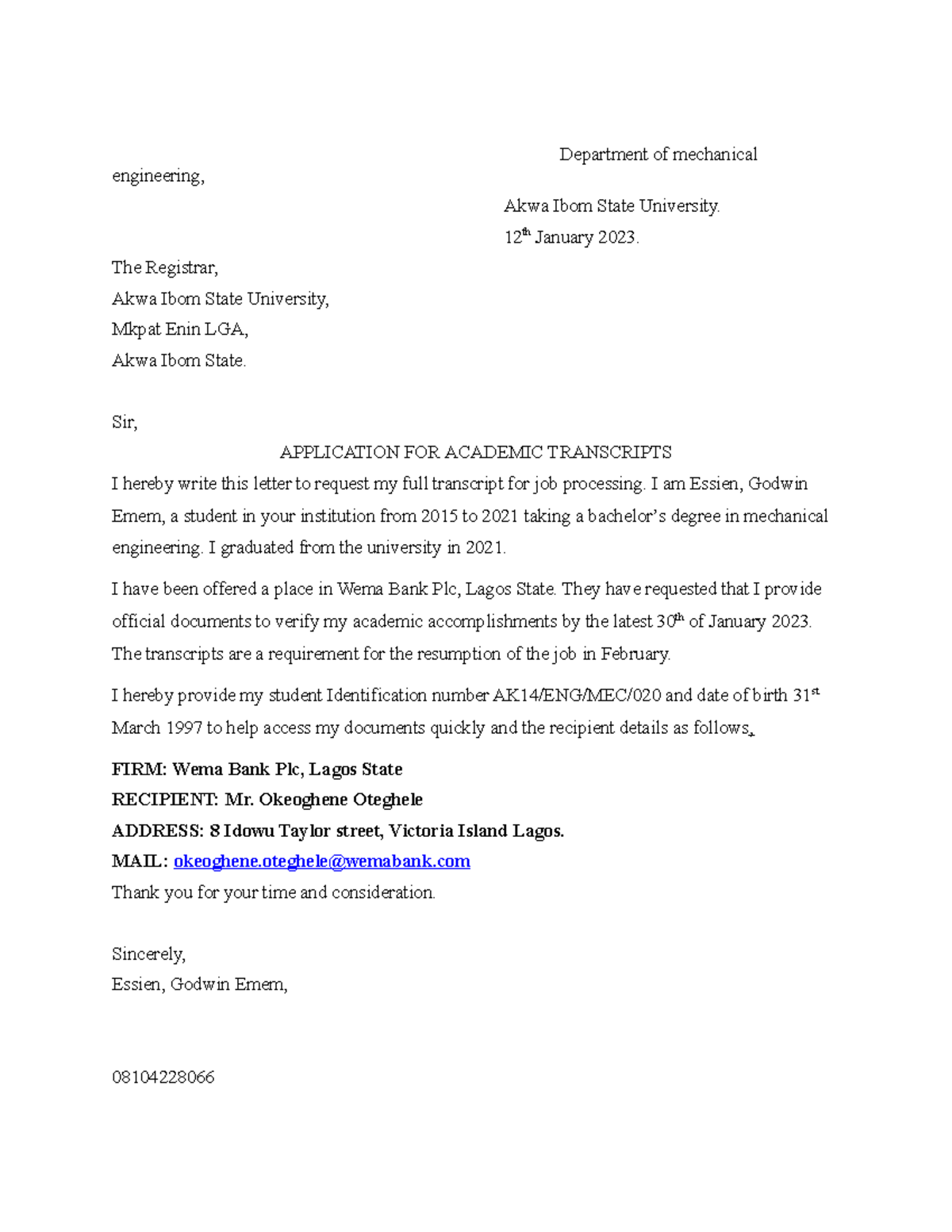 Transcript application - Department of mechanical engineering, Akwa ...