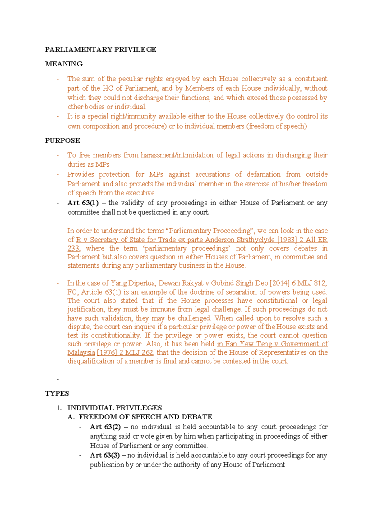 Parliamentary Privileges - PARLIAMENTARY PRIVILEGE MEANING - The sum of ...