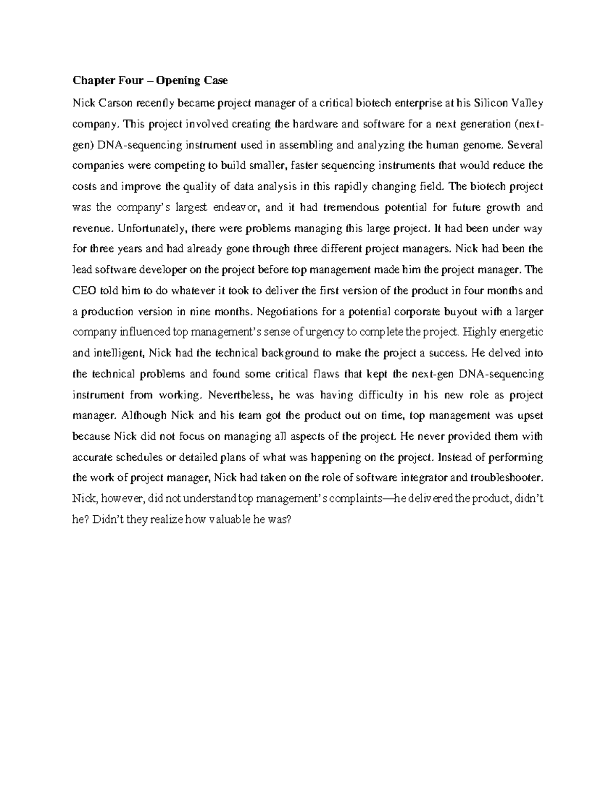 Chapter Four opening case - Chapter Four – Opening Case Nick Carson ...