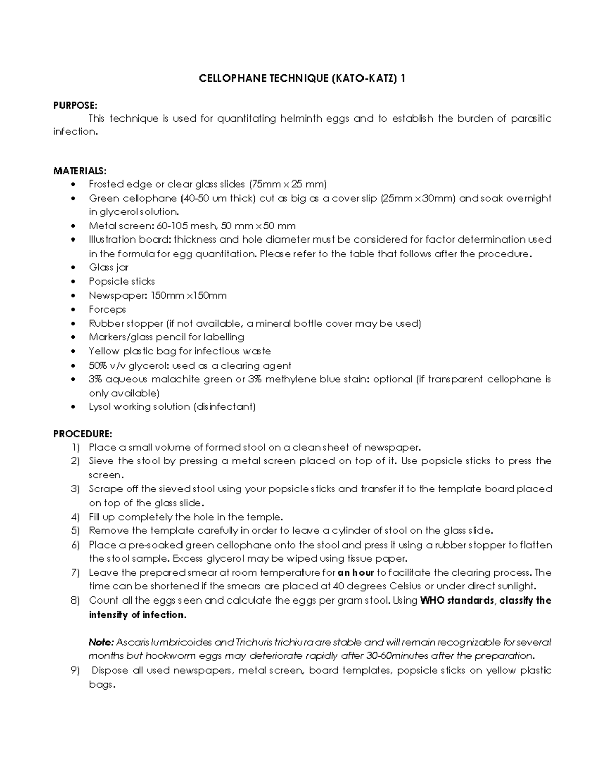 Kato Katz Technique 1 - CELLOPHANE TECHNIQUE (KATO-KATZ) 1 PURPOSE ...