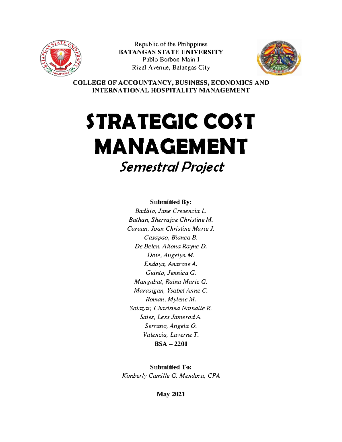 Standard Costing Semestral Project - Republic of the Philippines ...