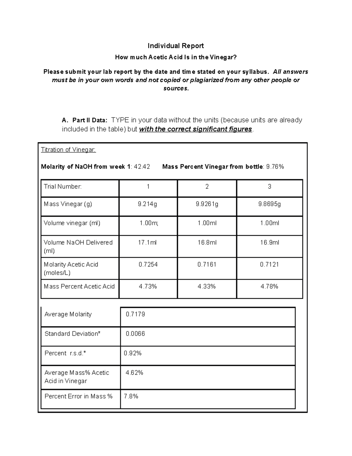 V Individual Report - NKU CHE 120L how much acetic acid is in the ...