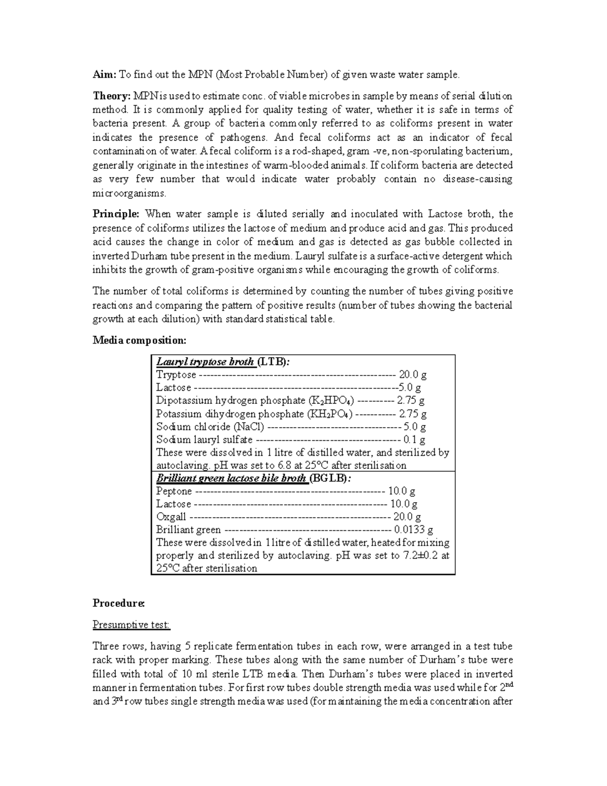 Env Micro- Practicals - Aim: To find out the MPN (Most Probable Number ...