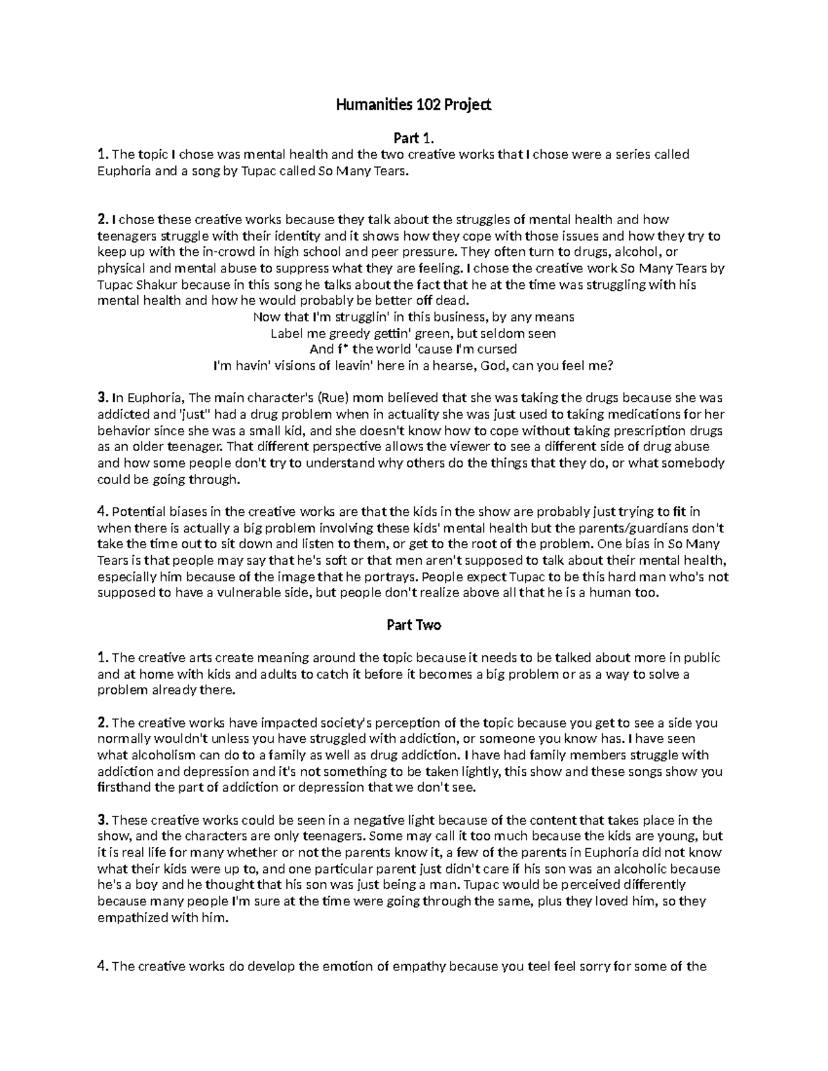 HUM 102 Project Template - Humanities 102 Project Part 1. The topic I ...