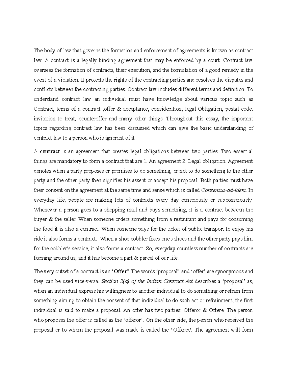 Contract - wwsddsds - The body of law that governs the formation and ...