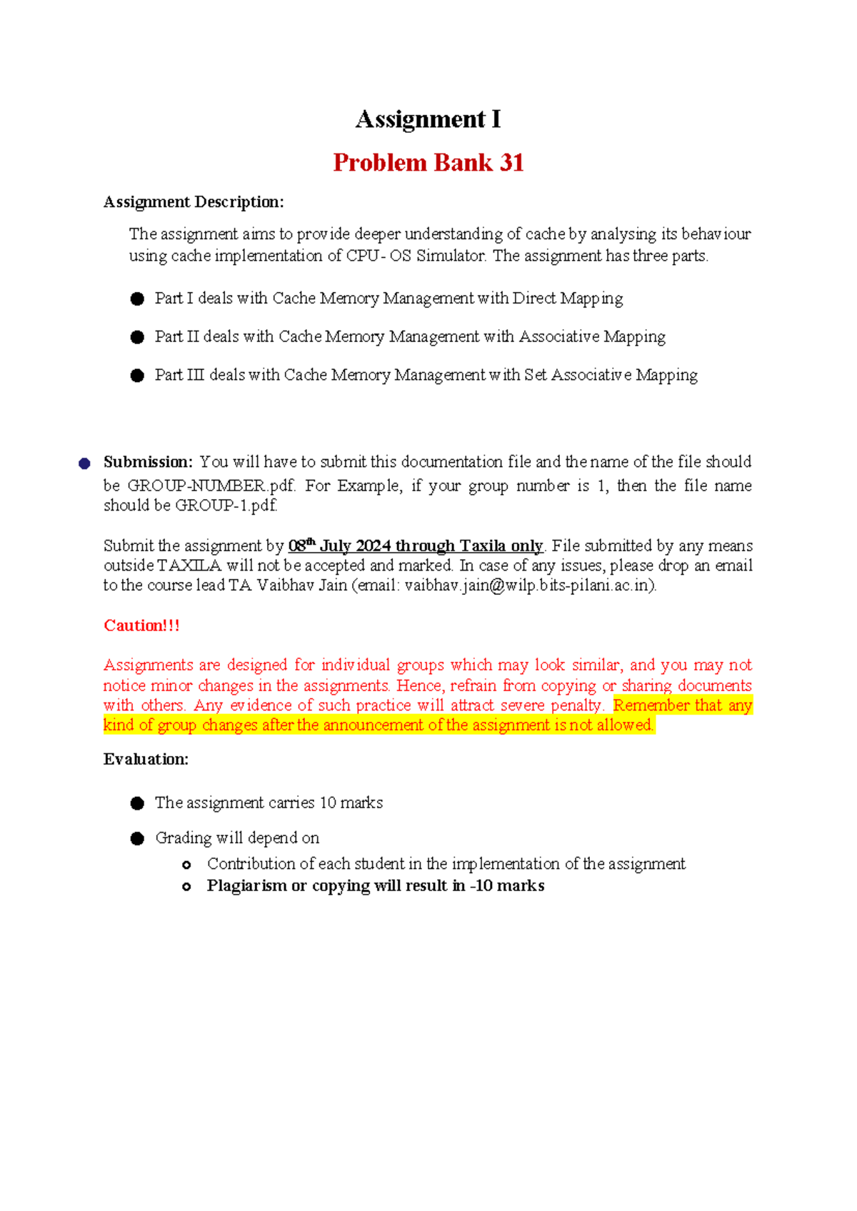 COSS Assignment - Assignment I Problem Bank 31 Assignment Description: The assignment aims to ...
