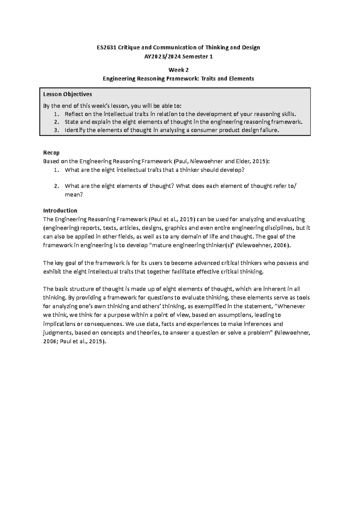 ES2631 T2 Handout - AY2023/2024 Semester 1 Week 2 Engineering Reasoning Framework: Traits and ...