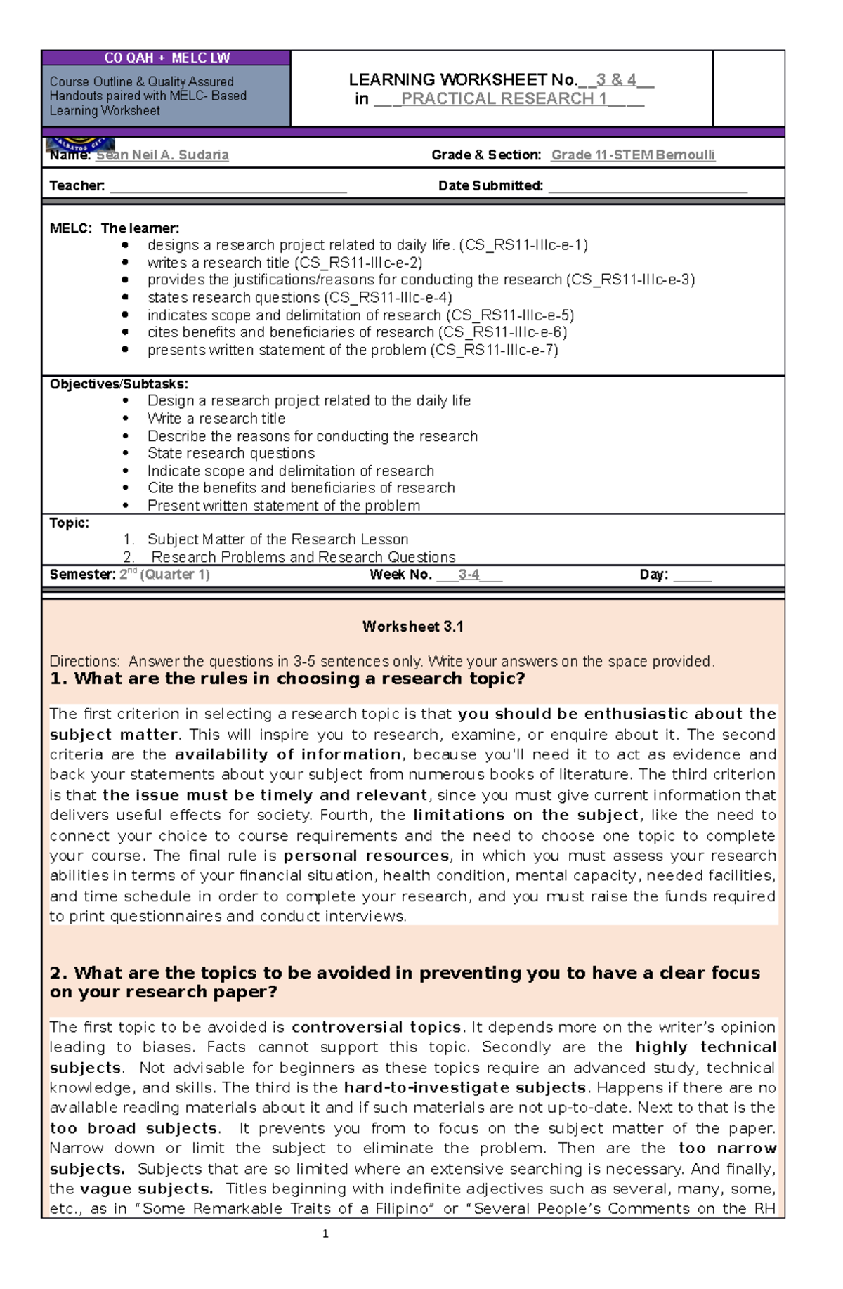 Practical-Research-Worksheet-3-4 - CO QAH + MELC LW LEARNING WORKSHEET No.3 & 4 in PRACTICAL ...
