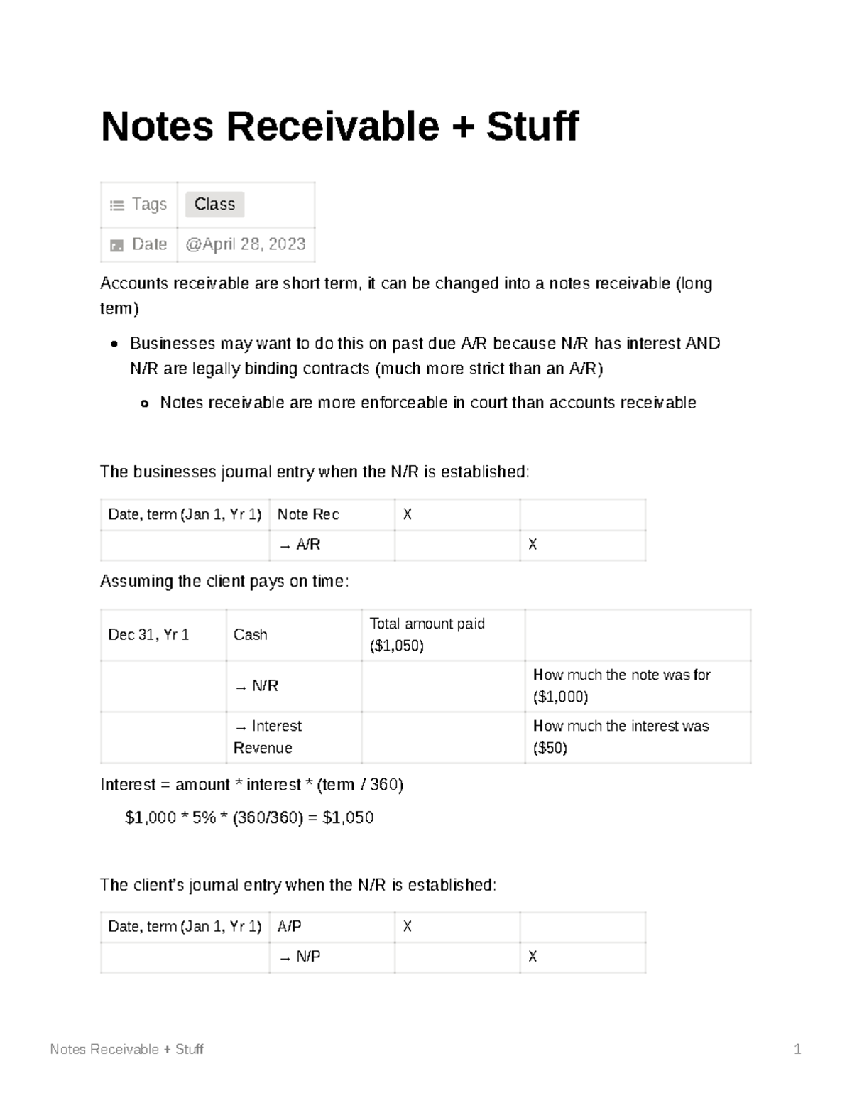 Class Notes over Notes Receivables - Notes Receivable + Stuff 1 Notes ...