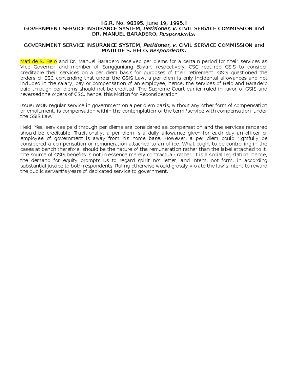 1. GSIS v. CSC Case Digest - [G. No. 98395. June 19, 1995.] GOVERNMENT ...