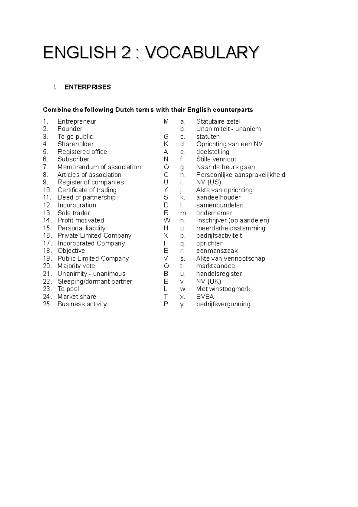 English 2 Vocabulary key 1 - ENGLISH 2 : VOCABULARY ENGLISH 2 ...