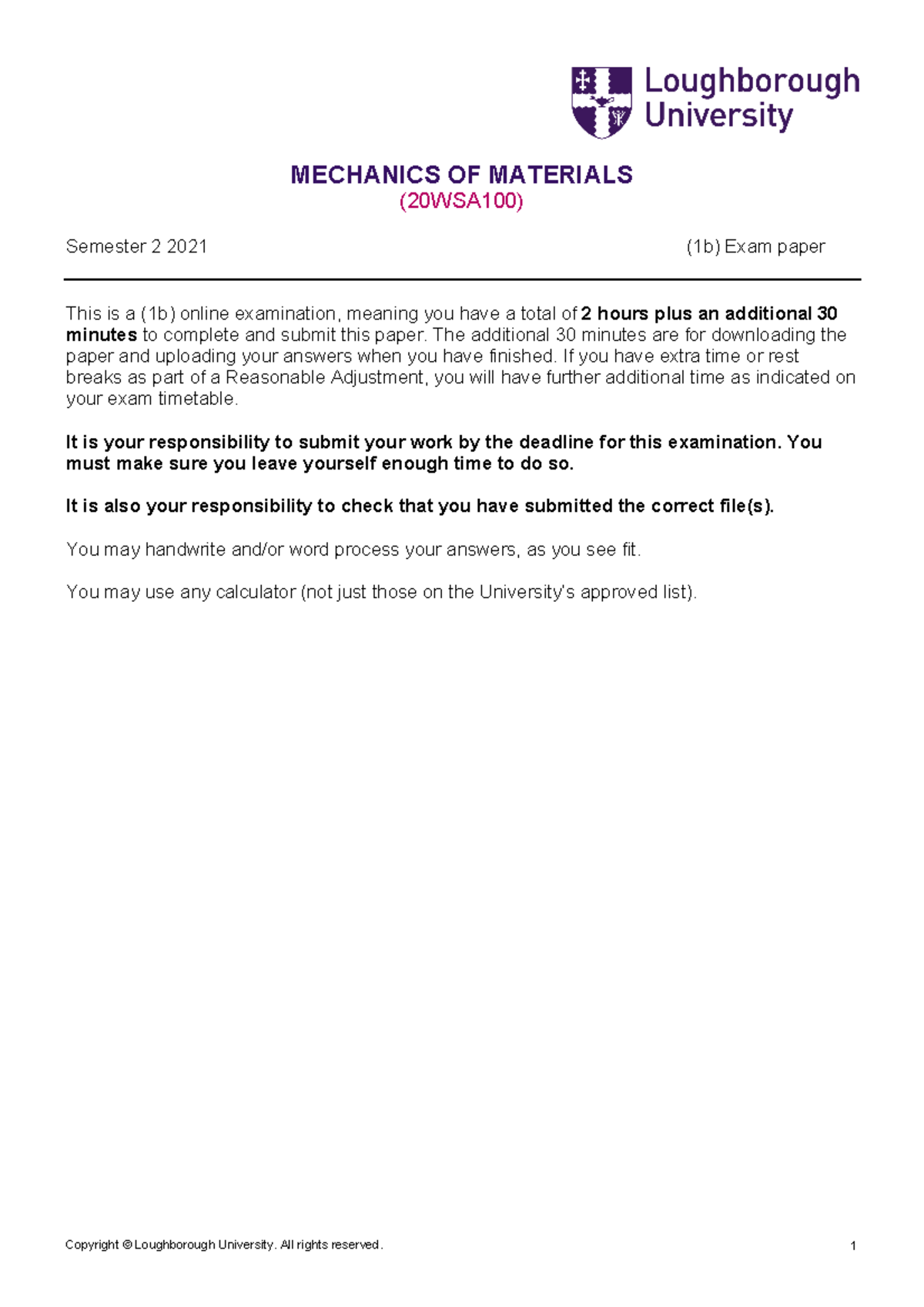 20WSA100 - Past Paper Sample from 2019/2020 Mechanics of Materials ...